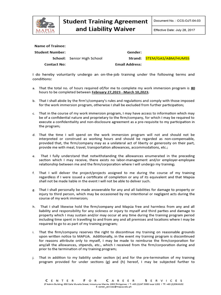 06 - Student Training Agreement and Liability Waiver Form | PDF | Legal ...