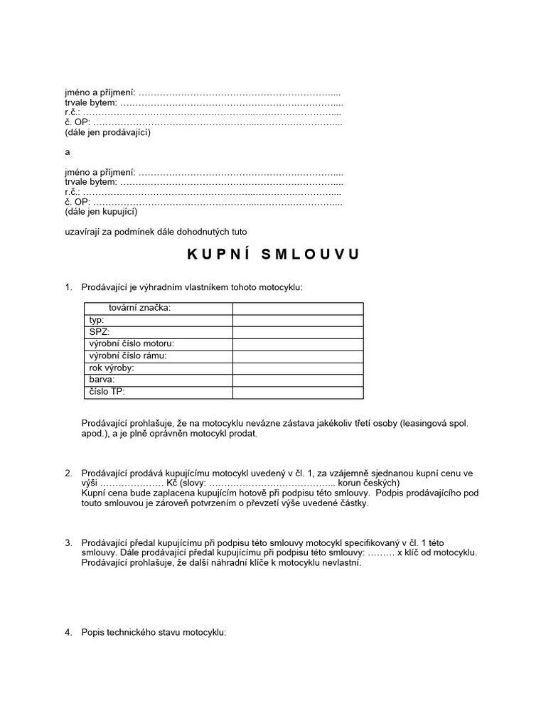 Kupni Smlouva Na Motorku Ve Wordu Vzor | PDF