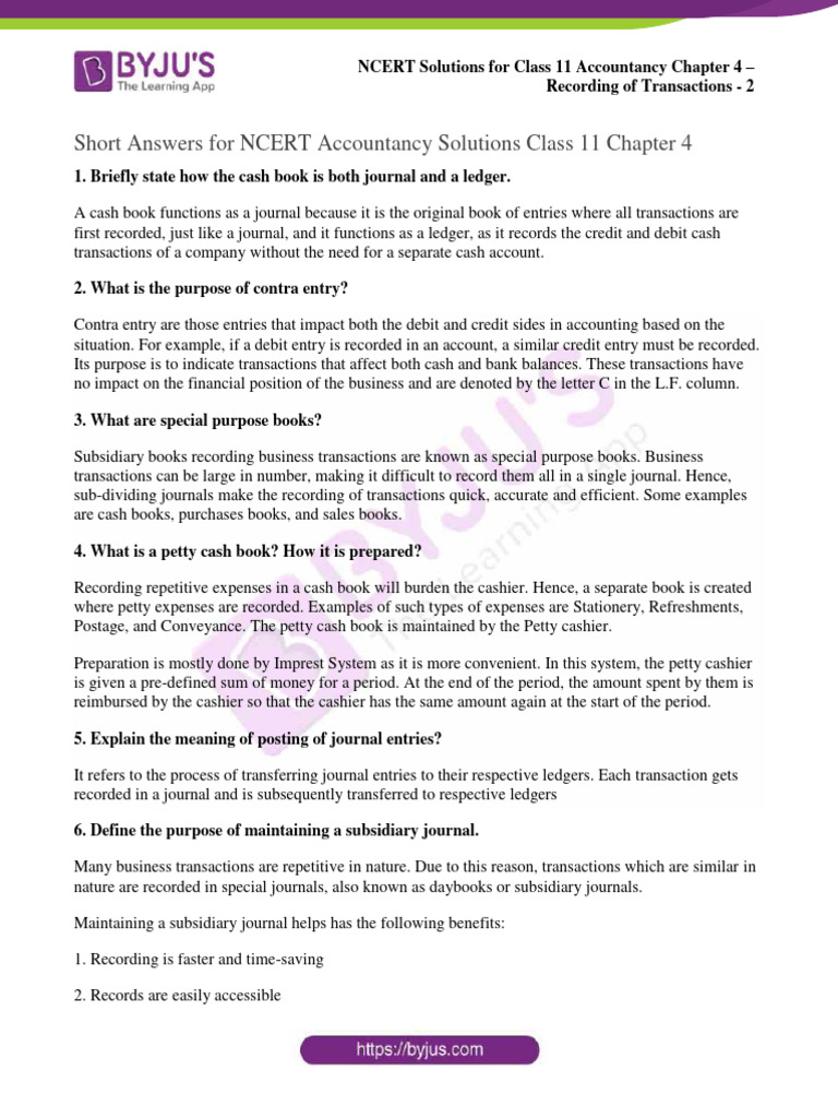 Ncert Solutions For Class 11 Accountancy Chapter 4 Recording of Transactions 2 | Download Free ...