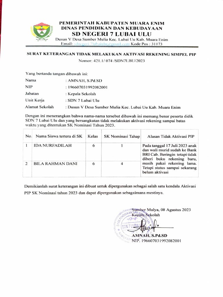 Surat Keterangan Belum Aktivasi PIP | PDF