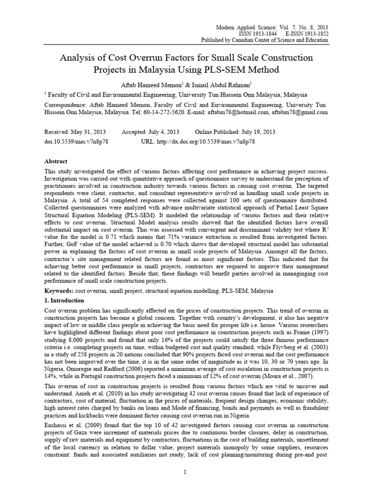 Analysis Of Cost Overrun Factors For Small Scale Construction Projects In Malaysia Using Pls