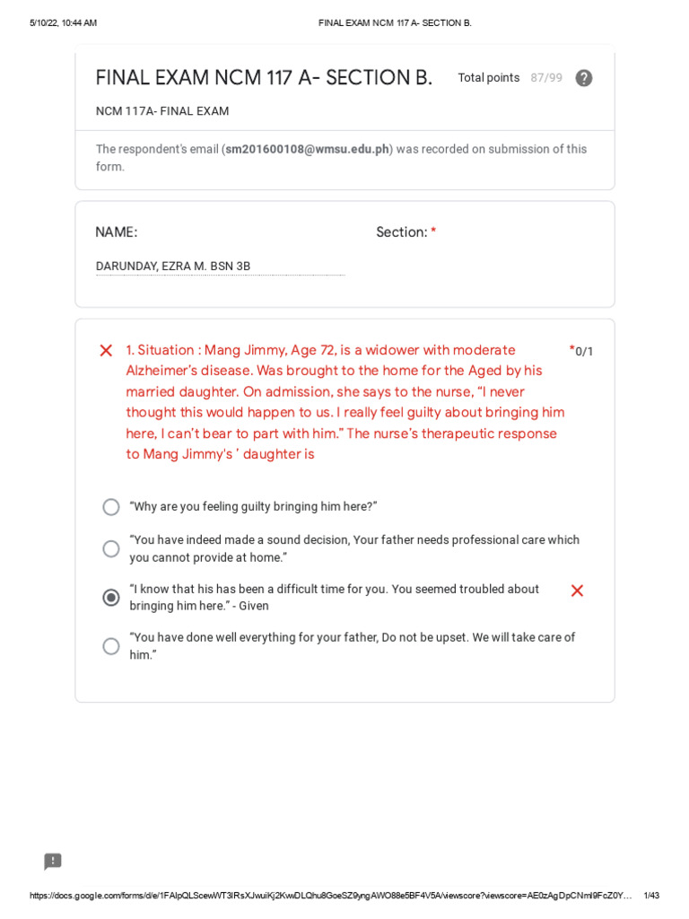Final Exam NCM 117 A - Section B | PDF | Mania | Psychotherapy