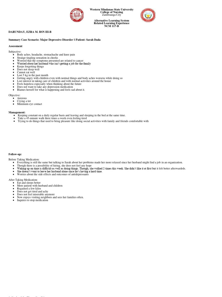 NCM 117 - Case Study 1 Darunday | PDF | Major Depressive Disorder ...