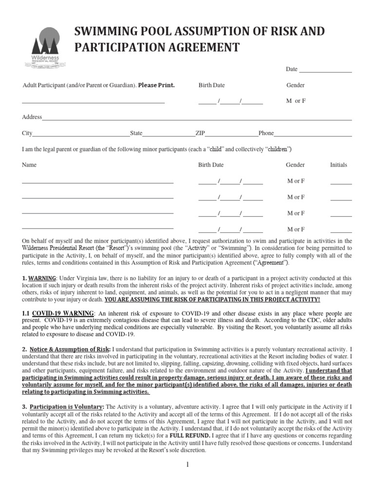 Wilderness Swimming Pool Waiver Agreement Summer 202129884 | PDF ...