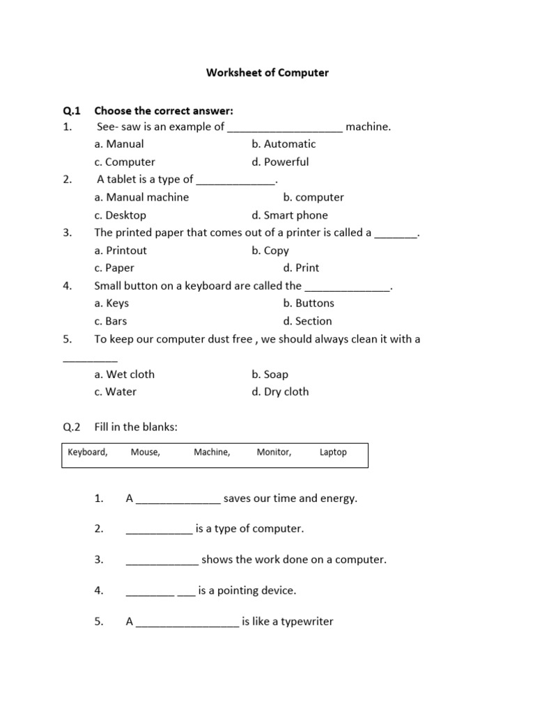 Worksheet of Computer Class 1st | PDF | Computer Keyboard | Laptop