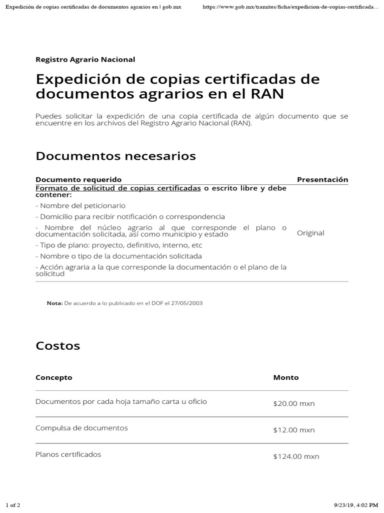 Expedición de Copias Certificadas de Documentos Agrarios en - Gob - MX ...