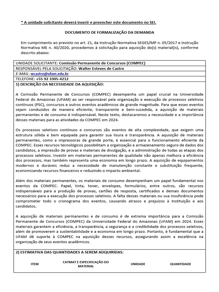 Solicitação de Materiais para COMPEC UFAM | PDF | Impressora ...
