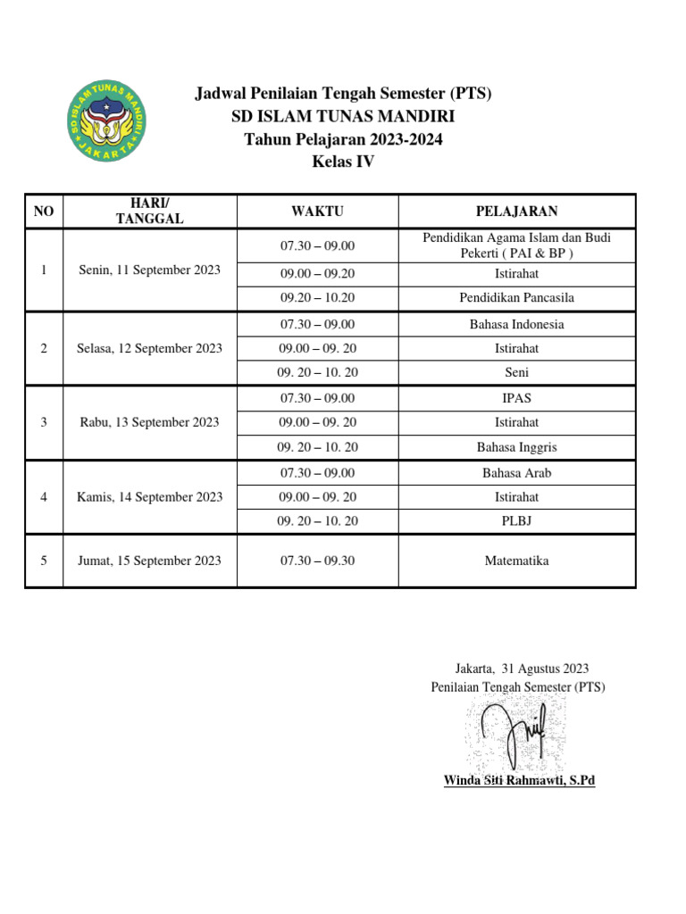 Jadwal PTS Kelas 4 2023-2024 | PDF
