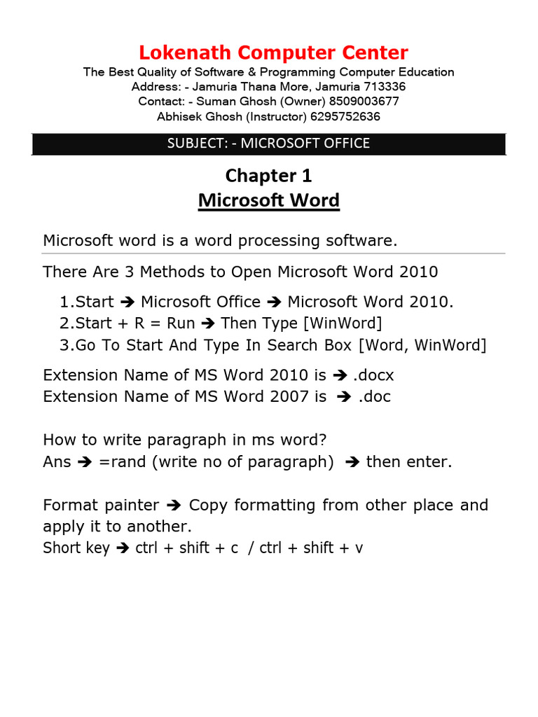 Chapter - 1 Ms Word (Home) | PDF