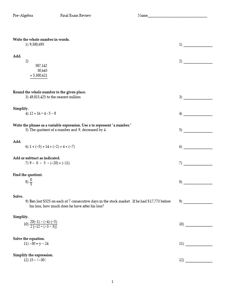 Pre-Algebra Final Exam Review | PDF | Numbers | Triangle