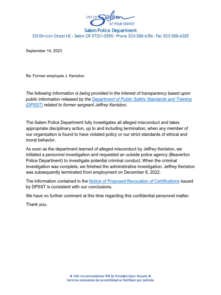 Salem Police Department Statement on J. Keniston | PDF | Politics ...