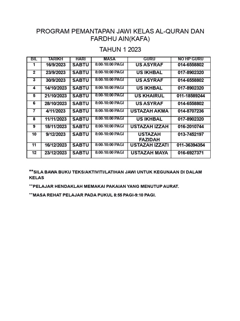 Jadual Kelas Jawi Tahun 1 1 | PDF