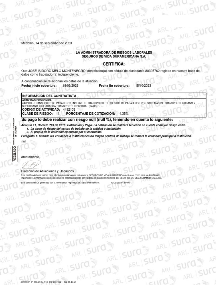 CERTIFICADO DE Arl | PDF