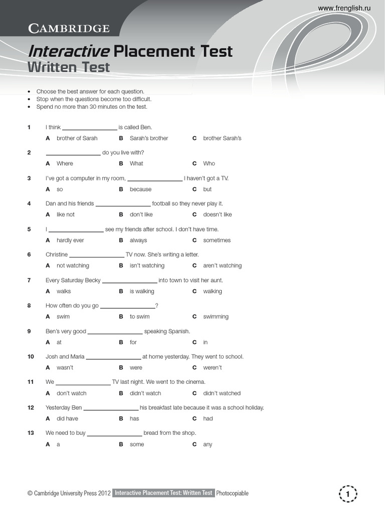 Interactive-Placement Test - Written Test | PDF