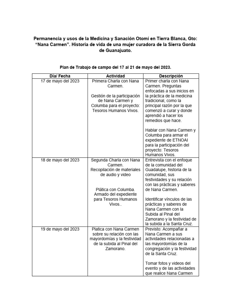 Plan de Trabajo de Campo 17 Al 21 de Mayo | PDF
