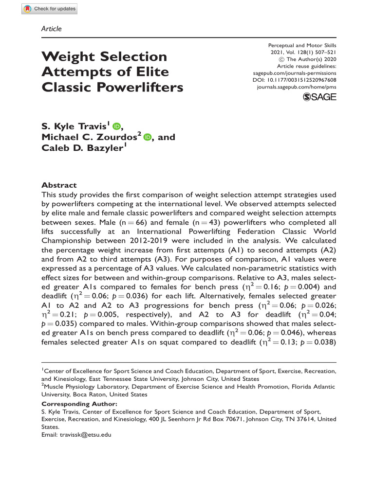 Travis Et Al 2020 Weight Selection Attempts of Elite Classic Powerlifters | PDF | Strength ...