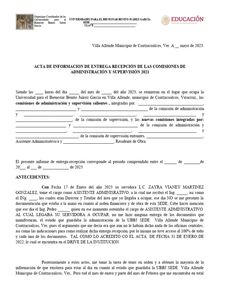 Formato Acta Entrega-Recepción Comisiones VIANEY | PDF