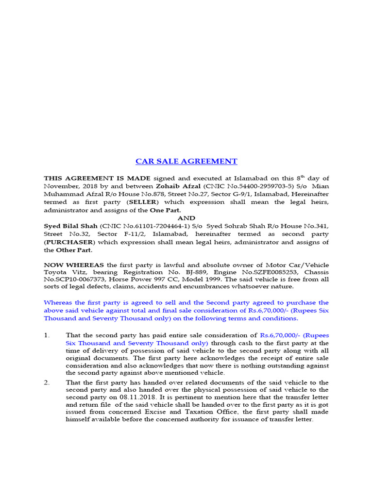 Car Sale AGreement BIlal Shah | Download Free PDF | Car | Motor Vehicle