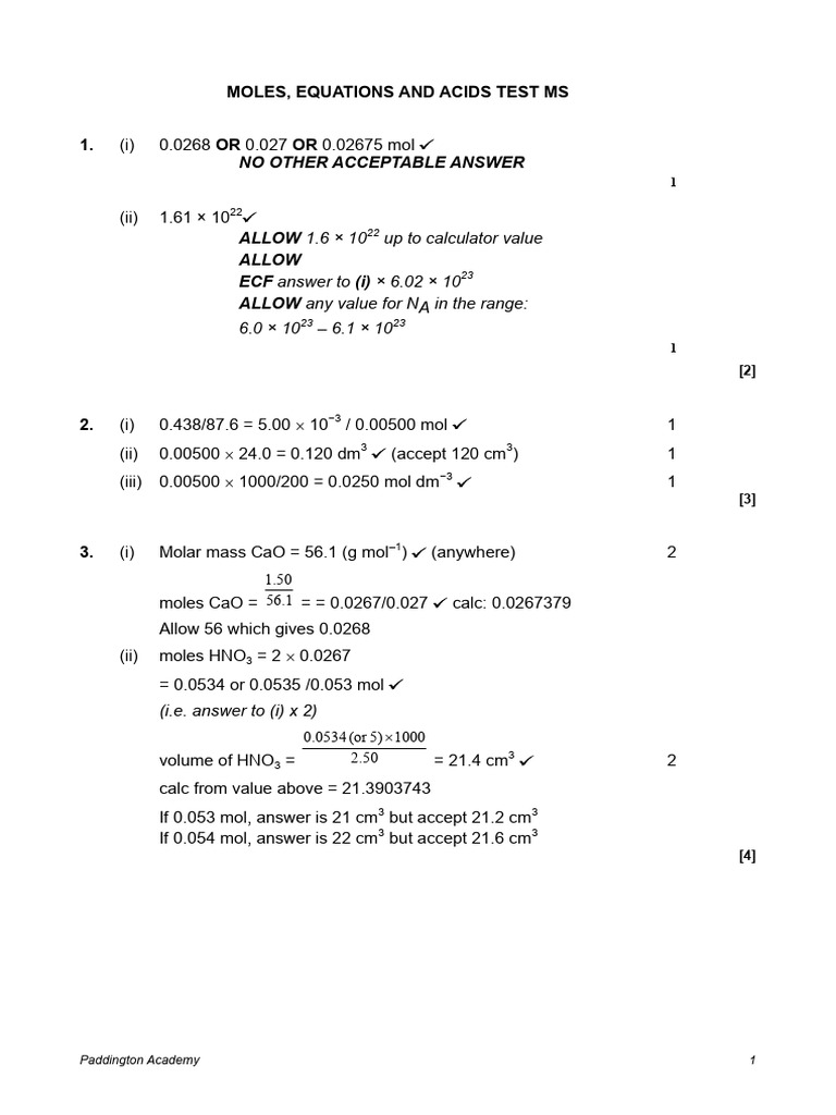 Moles Equations and Acids | PDF | Mole (Unit) | Acid