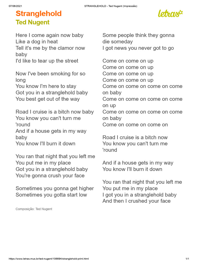 STRANGLEHOLD - Ted Nugent (Impressão) | PDF | Songs | Singles (Music)