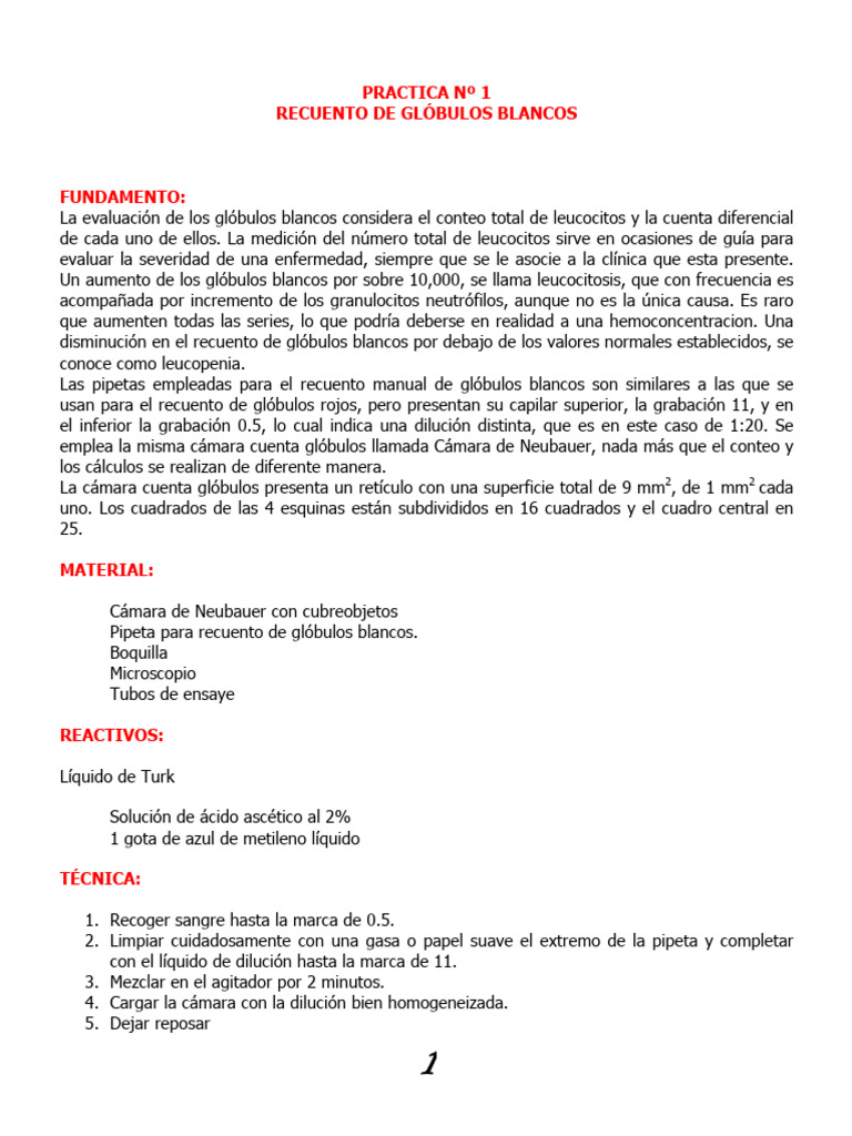 Practica 1 Recuento de Globulos Blancos (A) | PDF | Leucocito | Medicina CLINICA