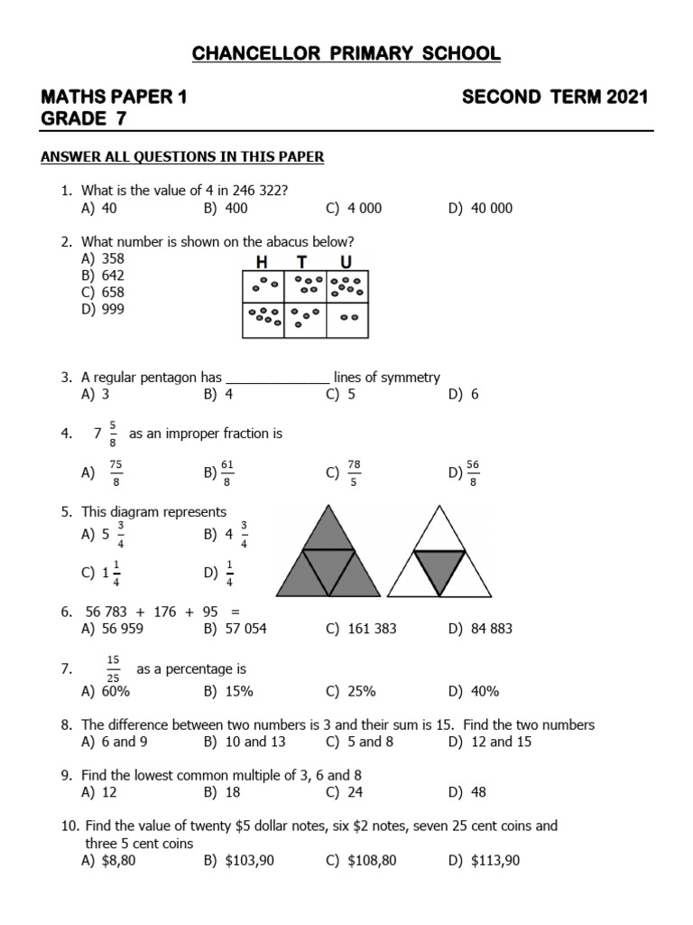 Grade 7 Maths Exam Paper 2021 | PDF | Area