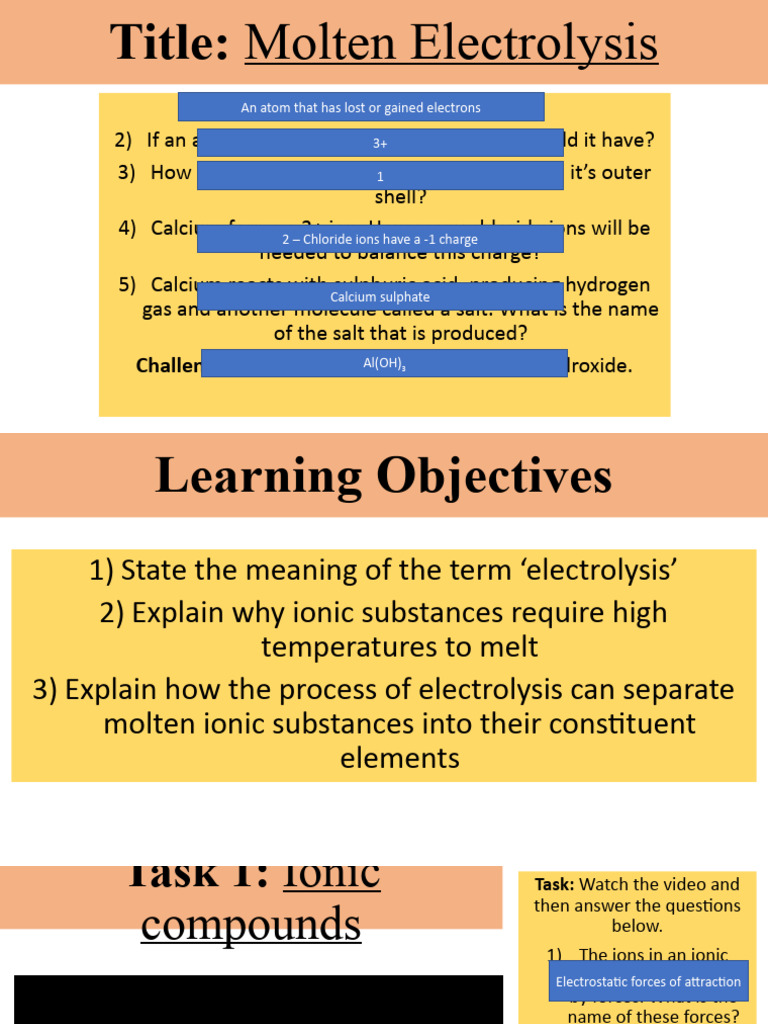 Lesson 2 - Molten Electrolysisnn | PDF | Ion | Chemical Compounds