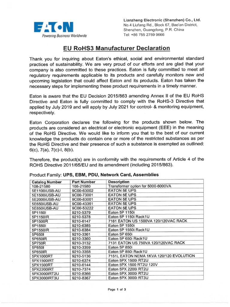 RoHS-3-DoC_Eaton-5P-5PX-5SC-5SX-9E-9PX-9SX-ATS-ComCards-BA2_2020-08 | PDF