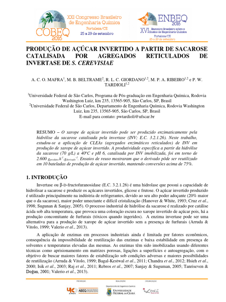Produção de Açúcar Invertido A Partir de Sacarose Catalisada | PDF ...