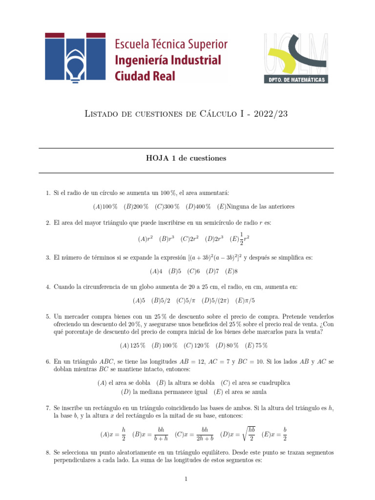 Listado Cuestiones Calculo I | PDF | Triángulo | Objetos matemáticos
