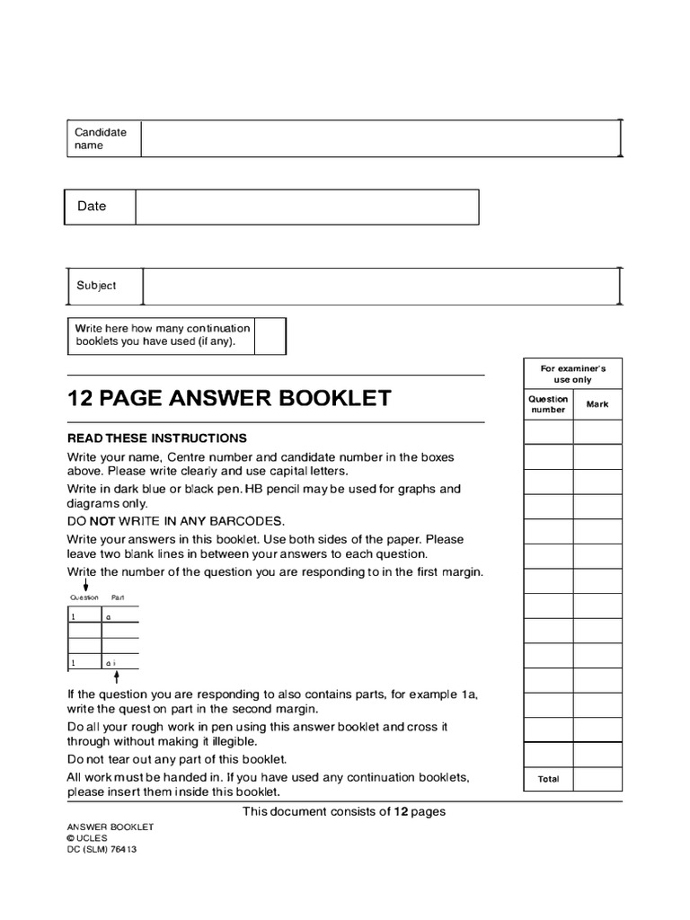 Supplementary Answer Booklet Exam | PDF