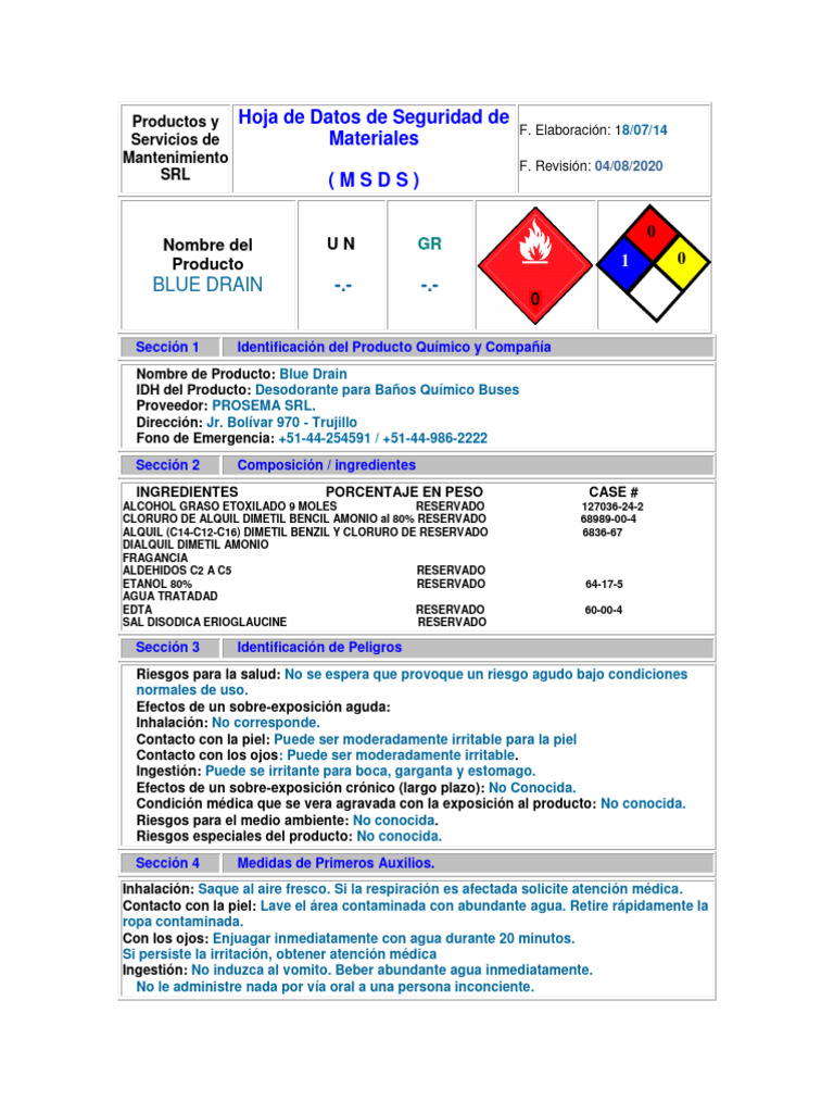 MSDS - Blue Drain - PROSEMA SRL | PDF | Agua | Solvente