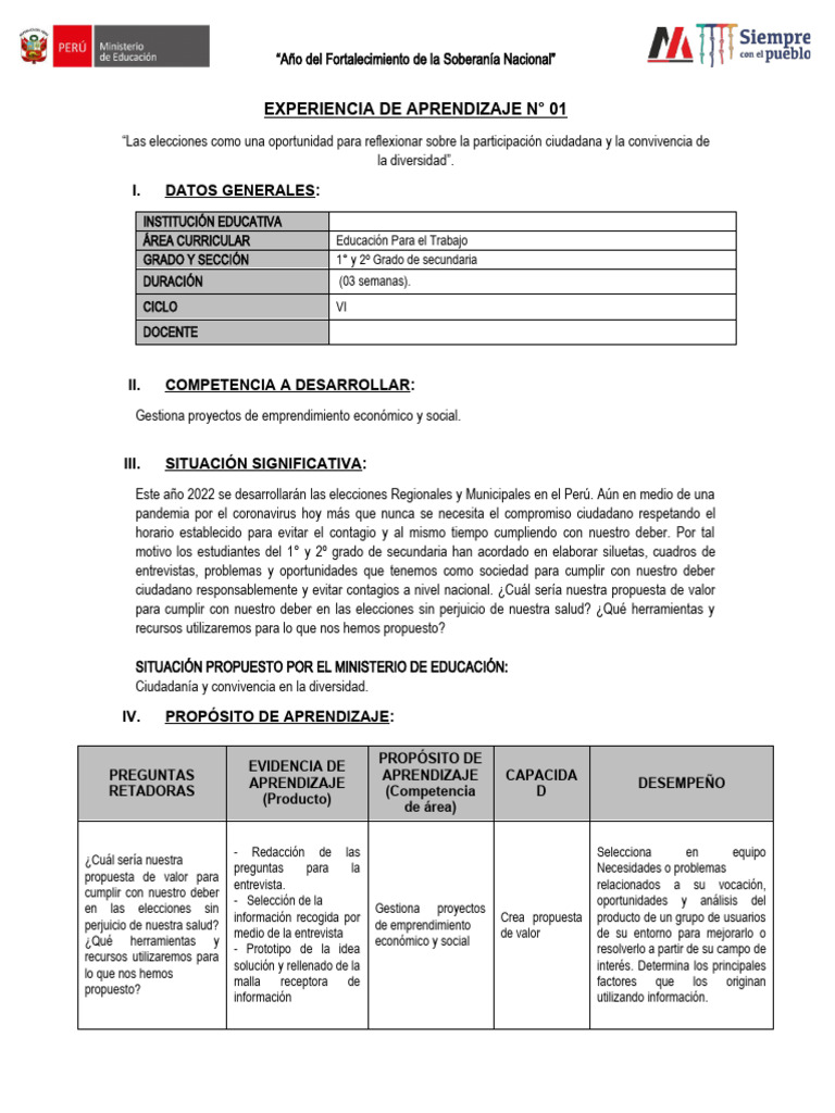 Experiencia de Aprendizaje - 1° & 2° | PDF | Evaluación | Aprendizaje