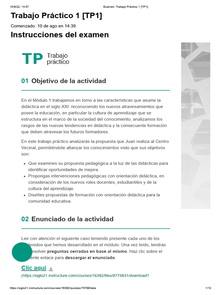 Examen - Trabajo Práctico 1 (TP1) | PDF | Enseñando | Evaluación