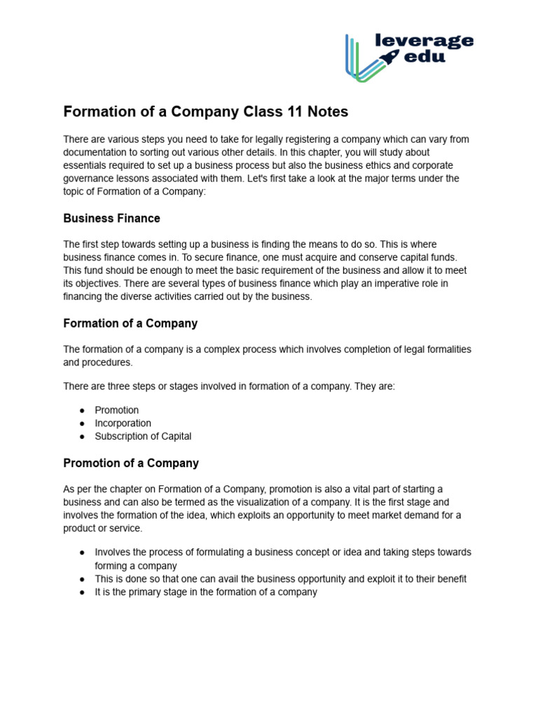 Formation of A Company Class 11 Notes | PDF | Prospectus (Finance ...