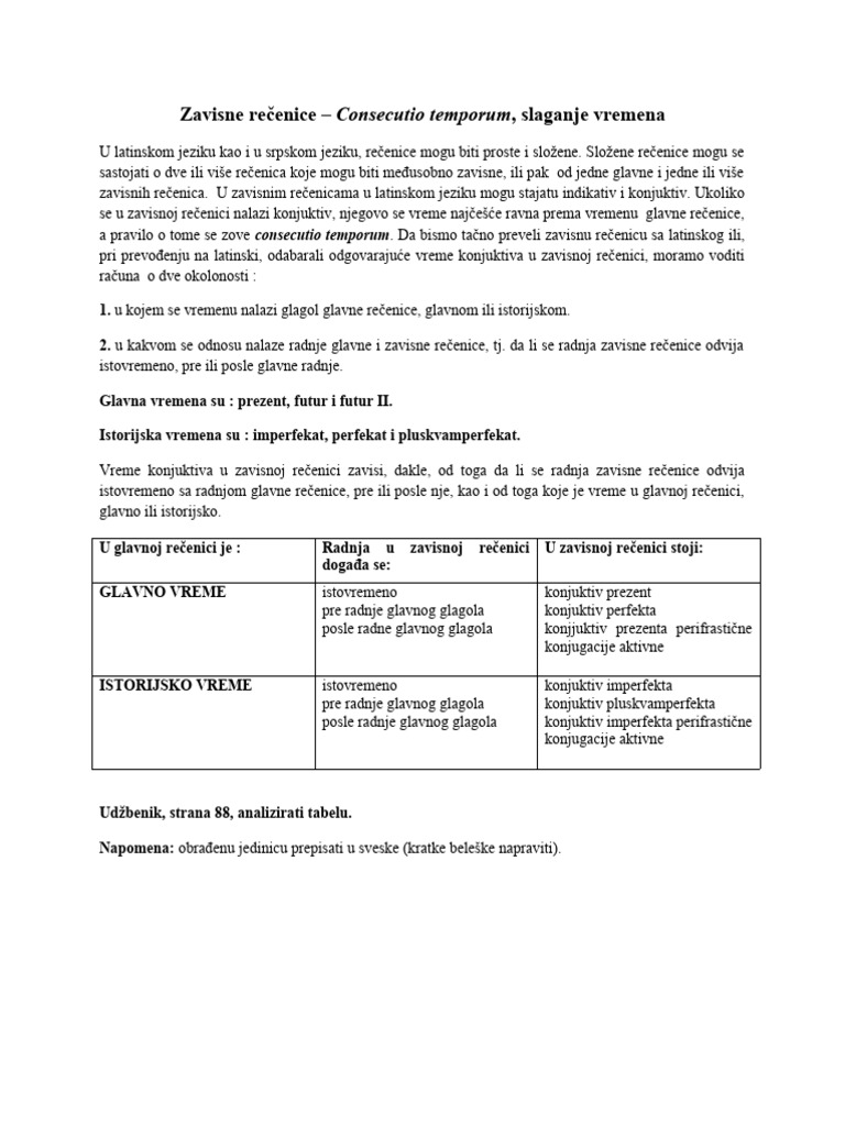 Zavisne Rečenice - Consecutio Temporum, Slaganje Vremena | PDF