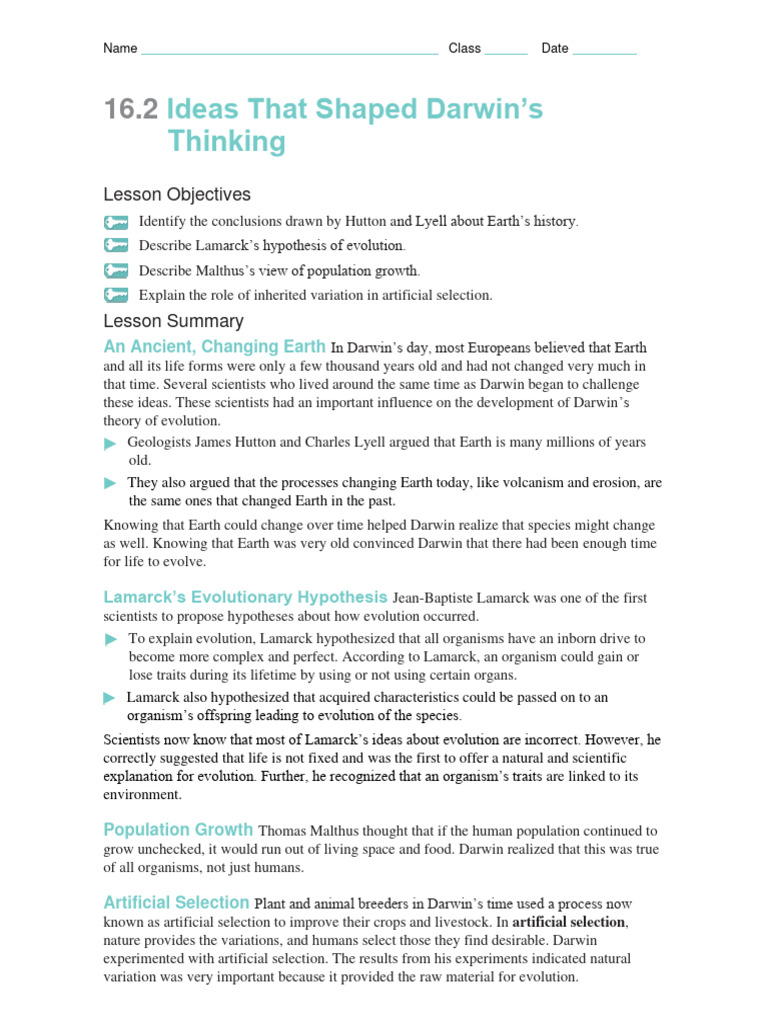 16.2 Ideas That Shaped Darwin's Thinking | PDF | Natural Selection ...