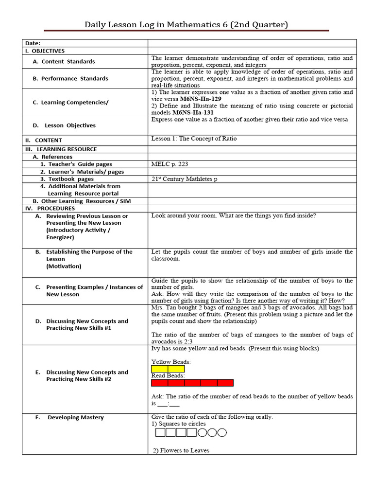 Math 6 Week 1 Day 1 | Download Free PDF | Ratio | Learning