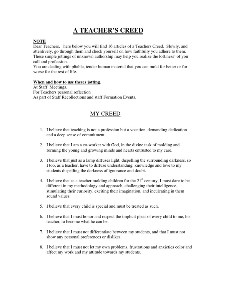A Teachers Creed | Download Free PDF | Cognitive Science | Psychology