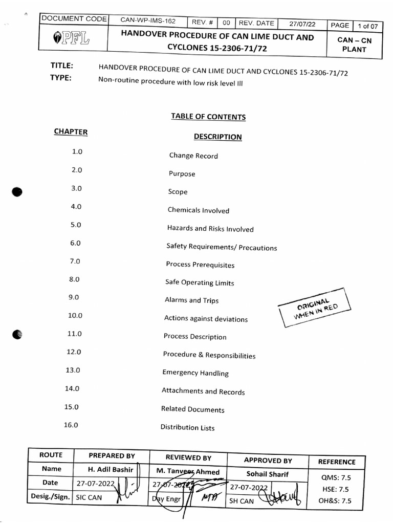 Handover Procdure of Can Lime Duct and Cyclone 15-2306-71-72 | PDF