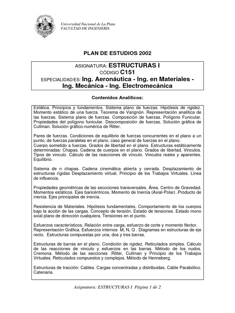 Estructuras I C151 Ing. Aeronáutica - Ing. en Materiales - Ing. Mecánica - Ing. Electromecánica ...