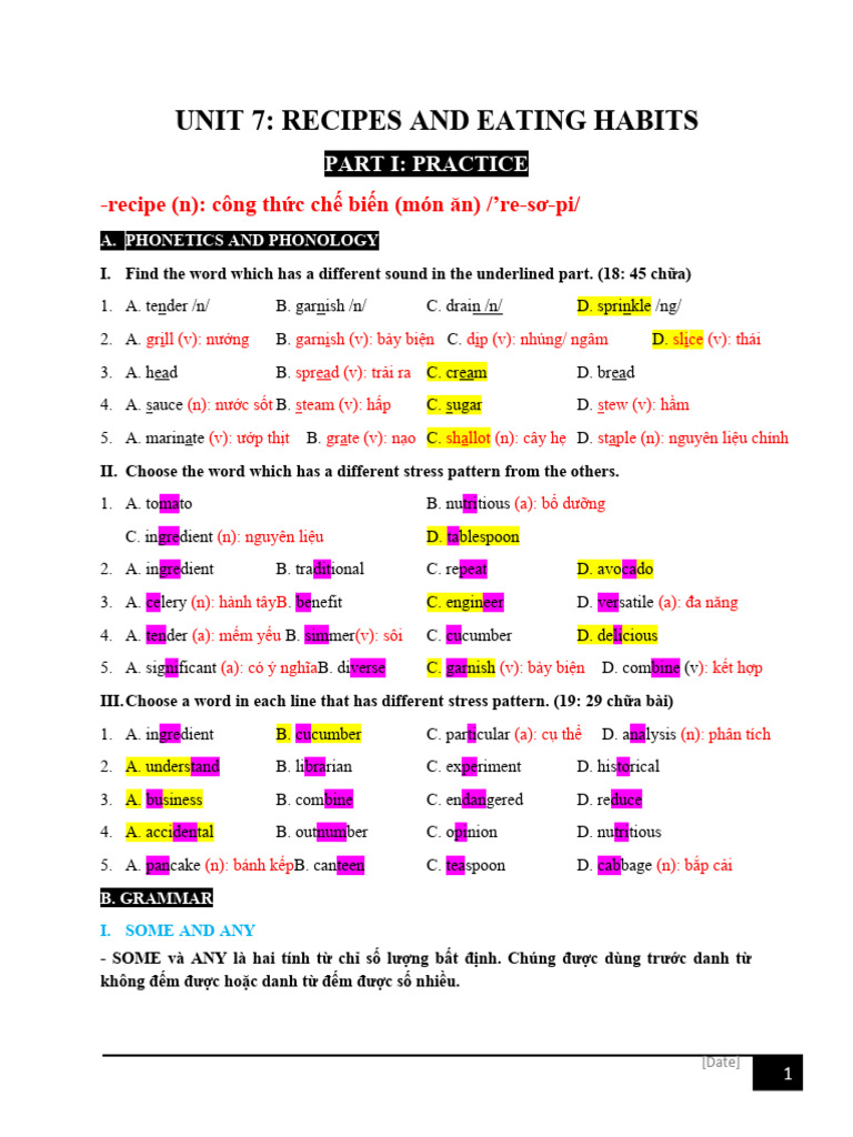 Grade 9 - Unit 7 - Recipes and Eating Habits | PDF