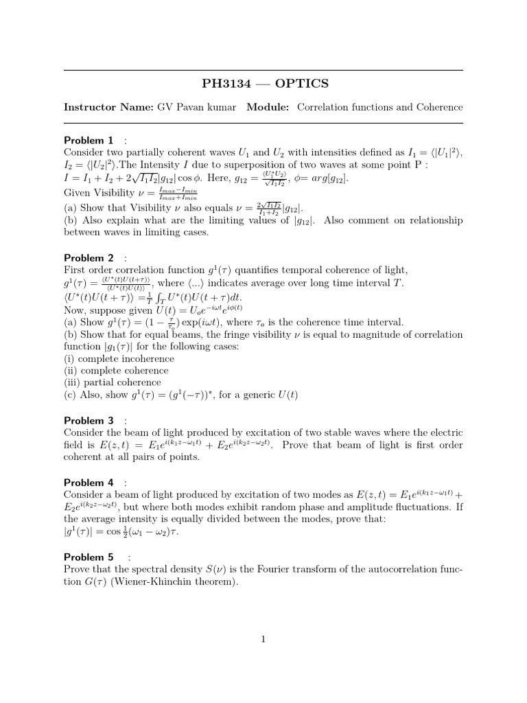 OPTICS - Problems Set 2 | PDF | Coherence (Physics) | Wavelength