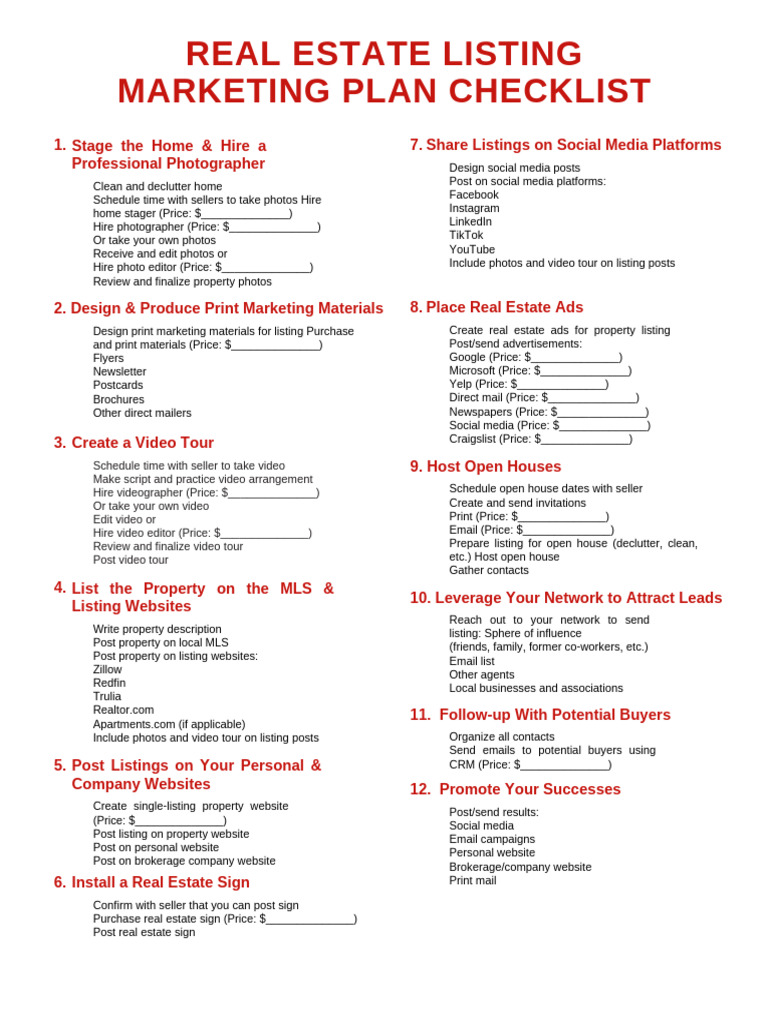 Real Estate Listing Marketing Checklist | PDF | Mass Media | Service ...