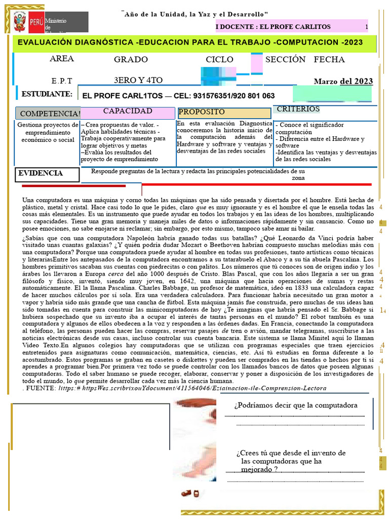 Evaluacion Diagnostica - 3ero y 4to Grado-Ept - Computacion - 00001 | Descargar gratis PDF ...