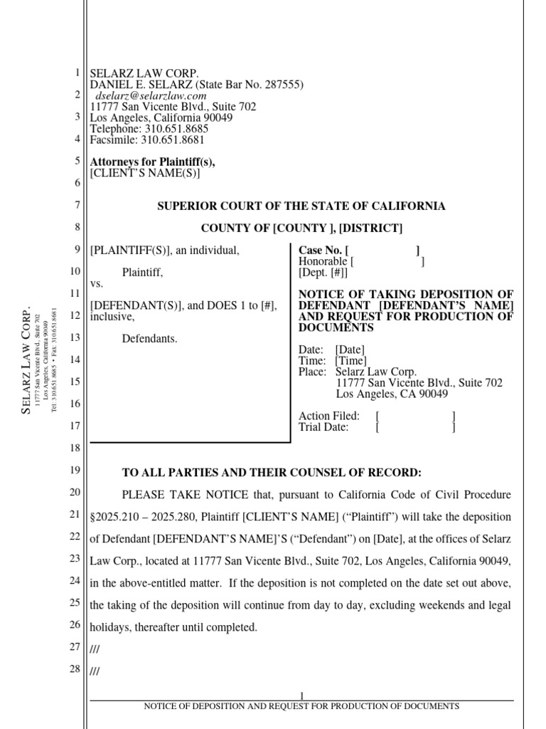 Notice of Deposition & Document Request | PDF | Deposition (Law ...