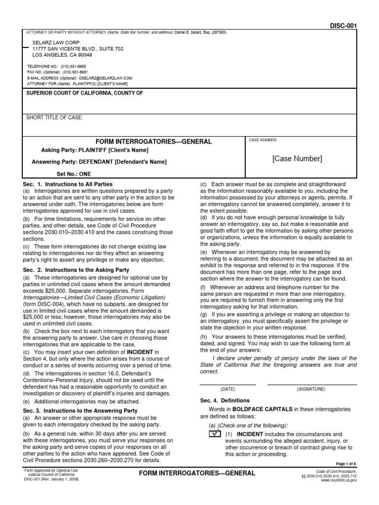 General Form Interrogatories Guide | PDF | Interrogatories | Discovery ...