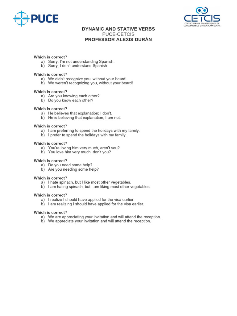 Dynamic vs. Stative Verbs Quiz | PDF