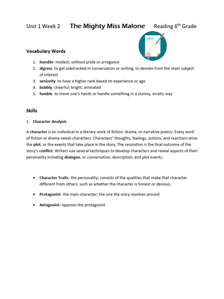 U1W2 the Mighty Miss Malone Study Guide | PDF