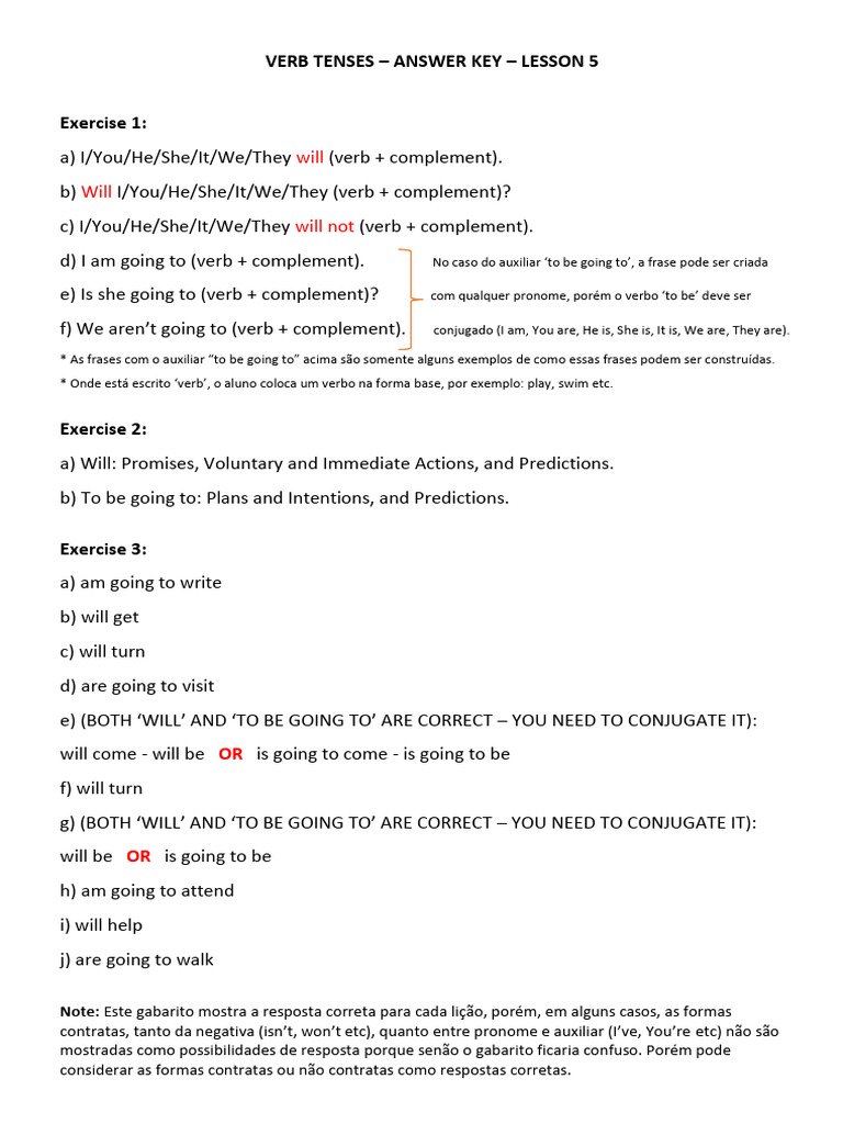 Verb Tenses - Answer Key - Lesson 5 | PDF